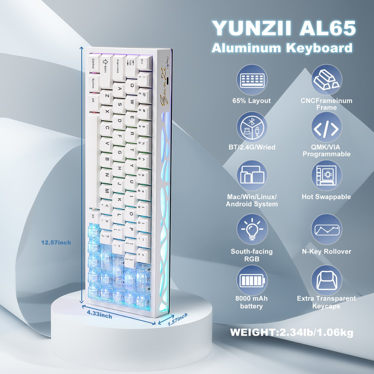 Bàn phím cơ Yunzii AL65 - Khung nhôm CNC , 3 mode, LED RGB siêu đẹp | Kicap