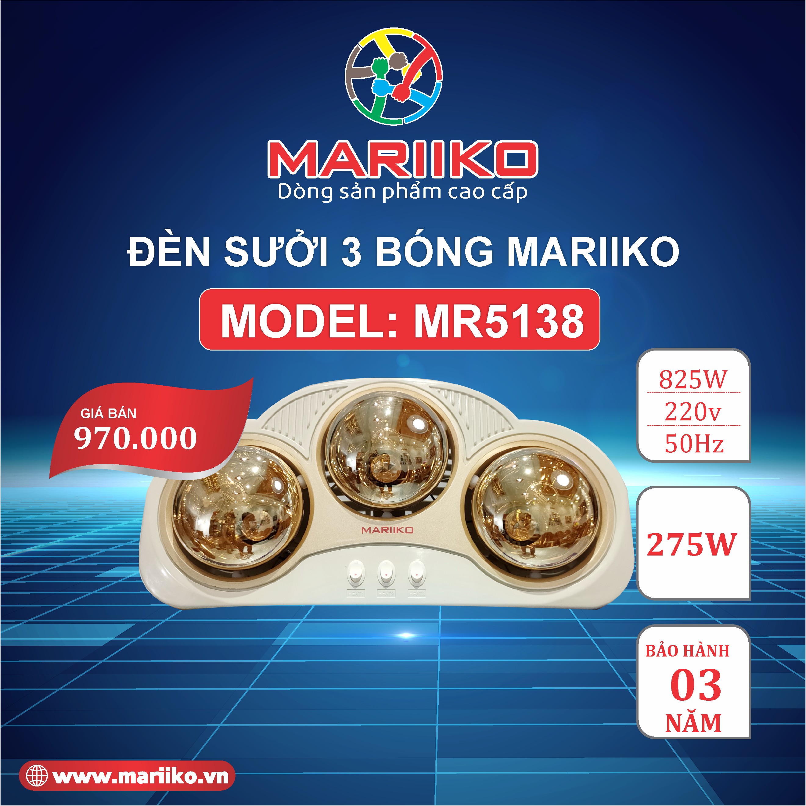 Đèn sưởi nhà tắm 3 bóng Mariiko 5138 | Mariiko.vn