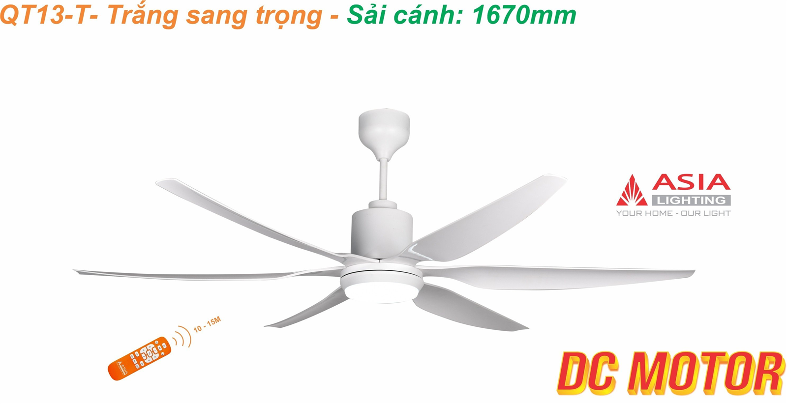 Quạt Trần Đèn DC QT13-T – Trắng Sang Trọng, 6 Cánh, LED 24W