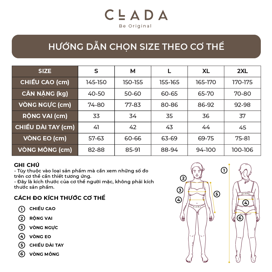 Bảng size nhóm sản phẩm 3 | CLADA VIETNAM