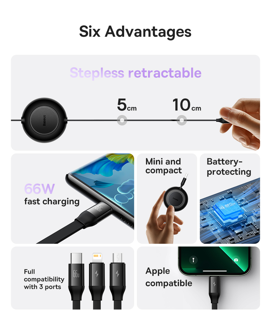 Cáp Sạc Dây Rút Công Suất 66W Baseus Bright Mirror 3 in 1 Baseus ...