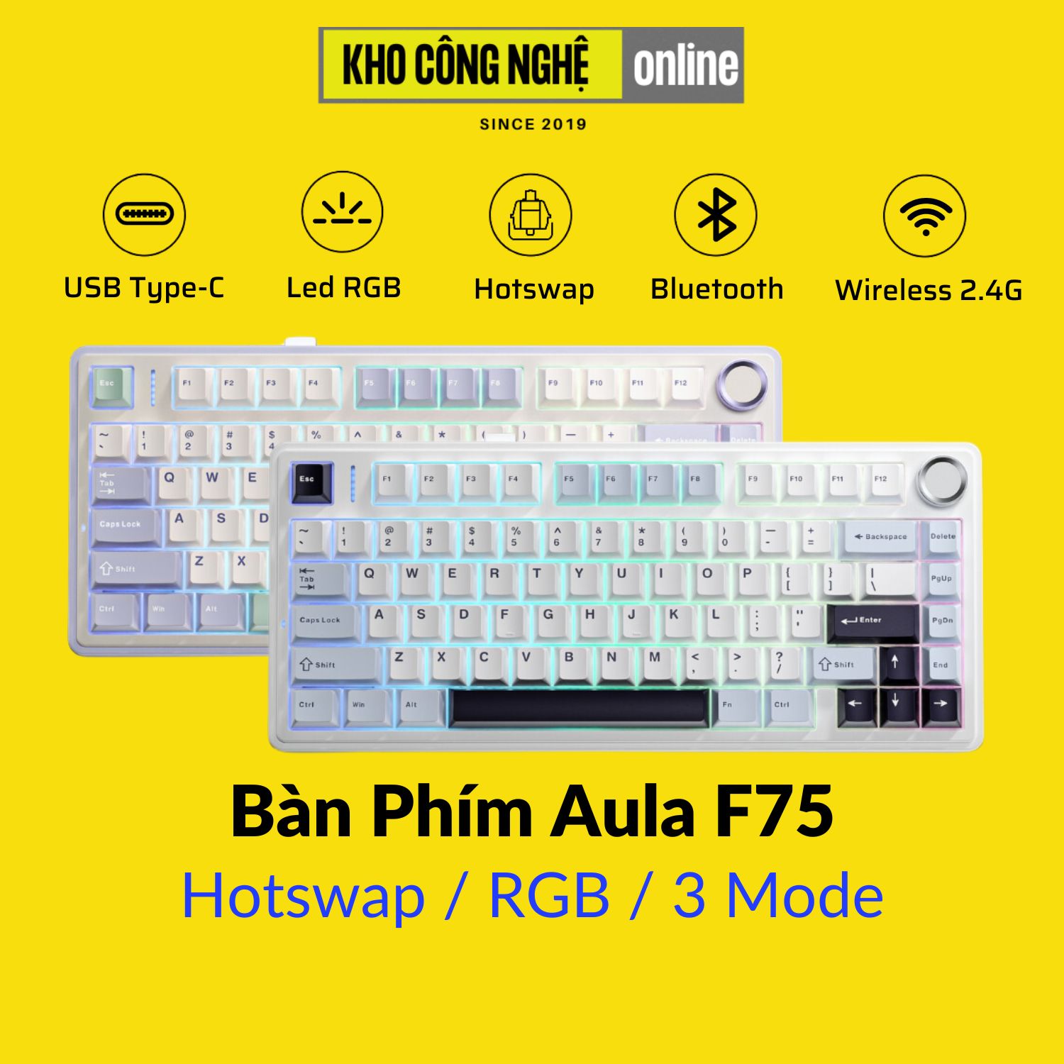 AULA F75 - Bàn Phím Cơ AULA F75 có Hotswap, Led RGB, Kết Nối 3 Mode (Hàng Chính Hãng)
