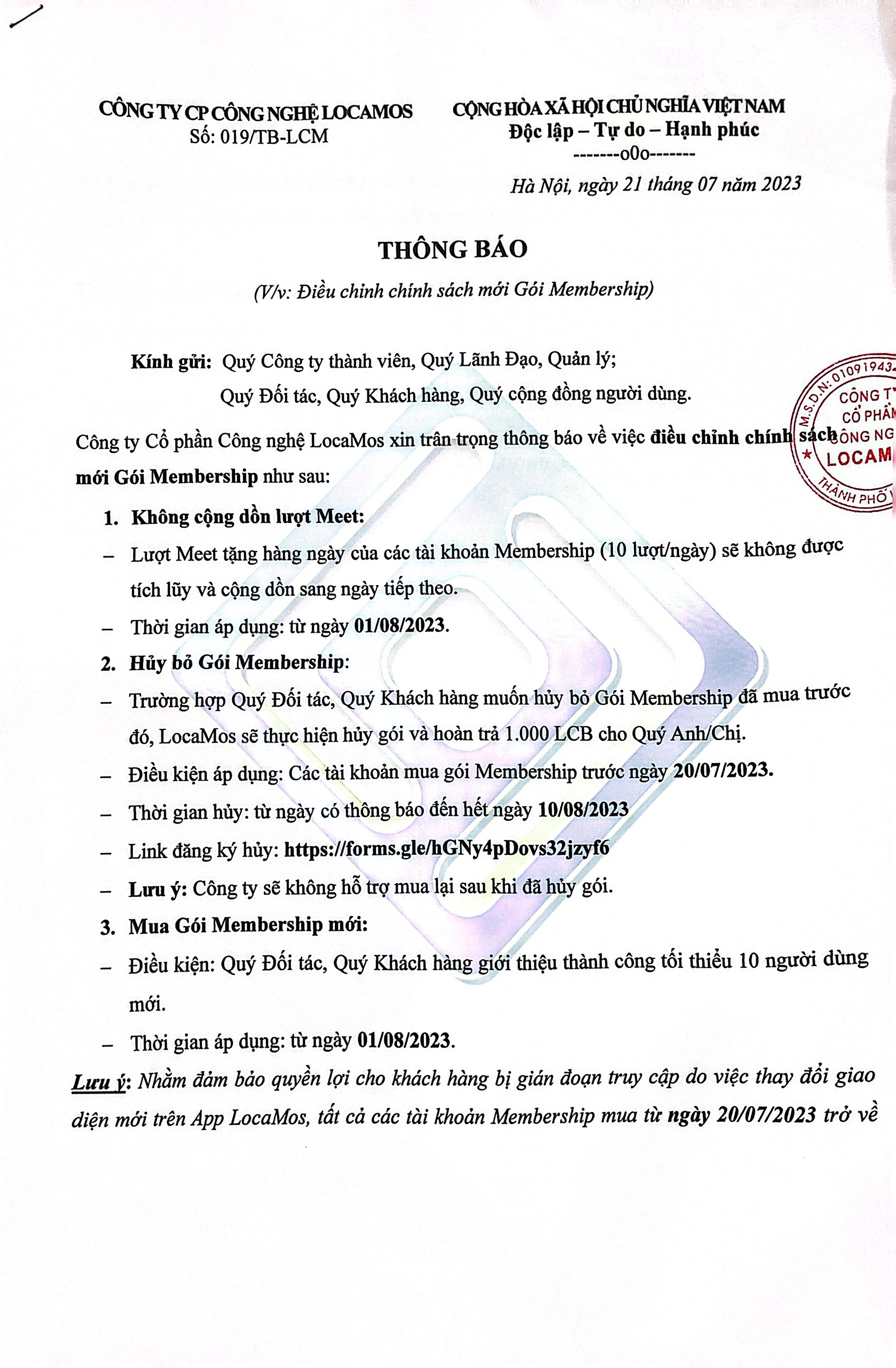 ĐIỀU CHỈNH CHÍNH SÁCH MỚI GÓI MEMBERSHIP | LOCAMOS TECHNOLOGY JSC