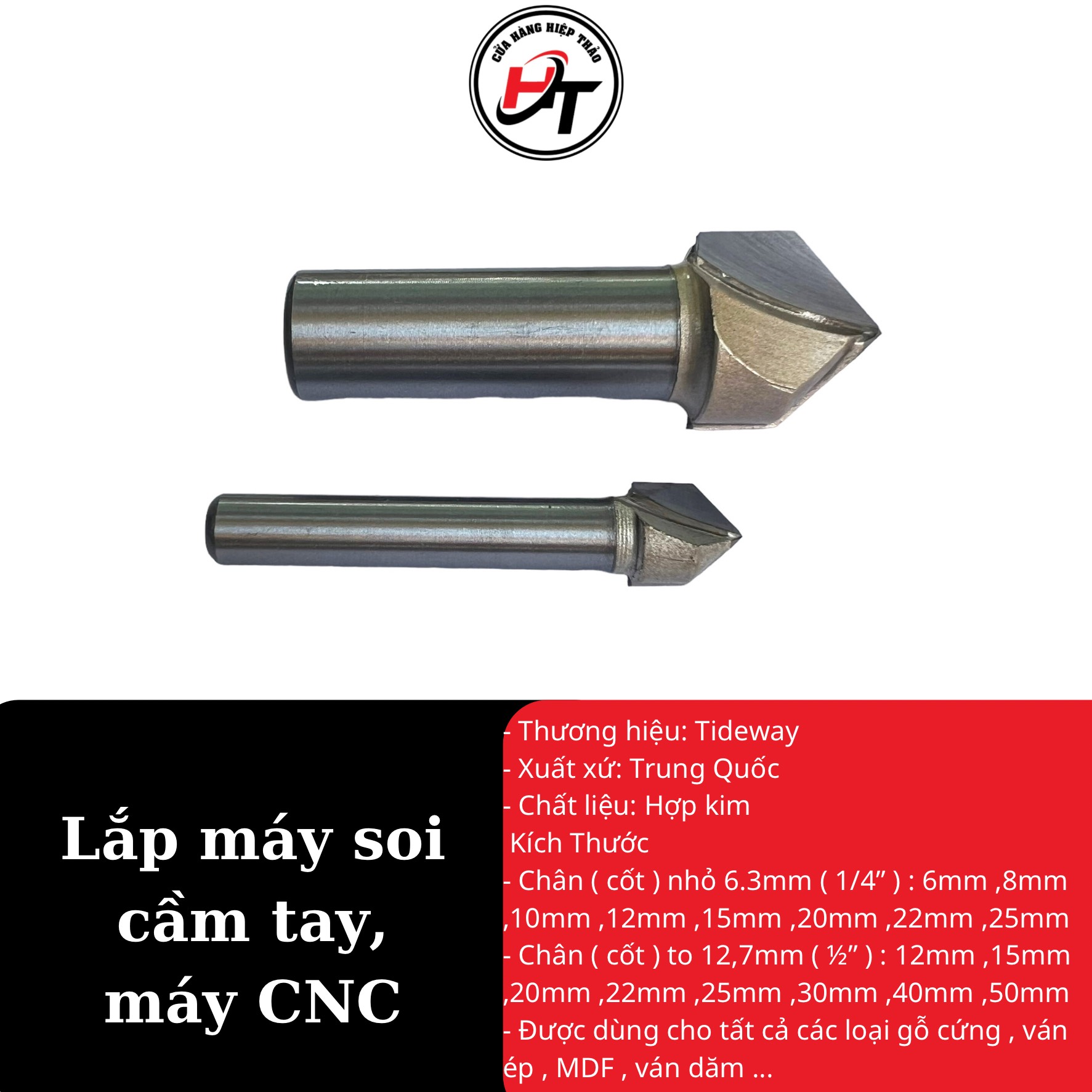 Mũi phay gỗ alu chữ V CNC vát 90 độ không bi Tideway cao cấp 0301 MSV ...