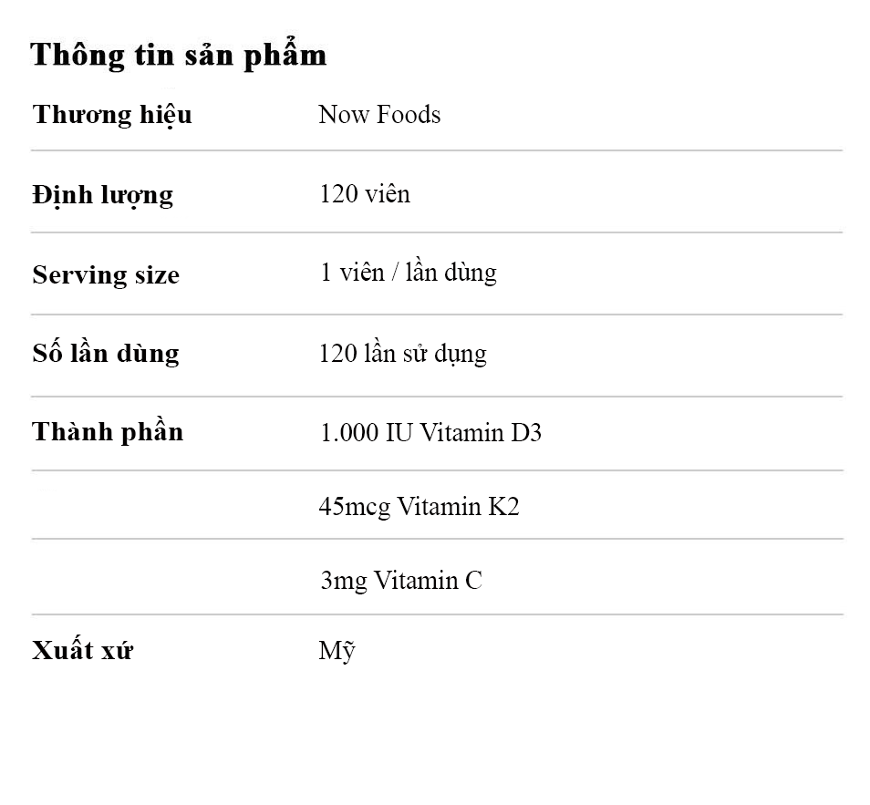 Now Vitamin D3 K2 1.000IU/45mcg (120 viên) - WheyShop.vn