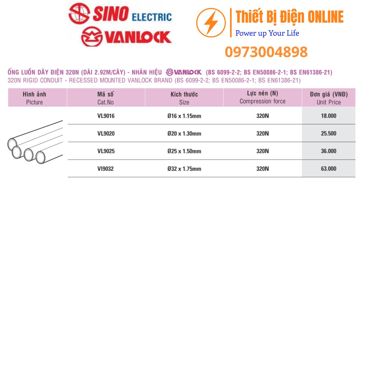 Ống cứng PVC D20 Vanlock SINO VL9020 320N luồn dây điện chống cháy