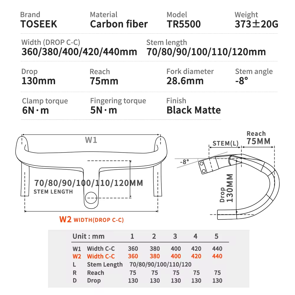 Ghi Đông Xe Đạp Đua Liền Pô Tăng CARBON TOSEEK TR5500 - Âm Dây