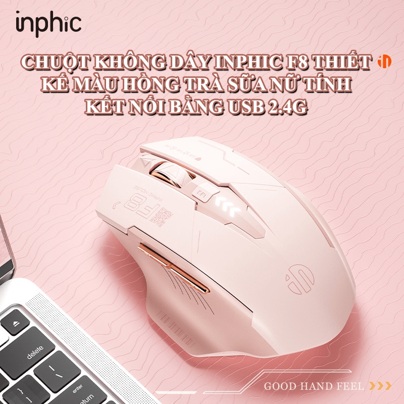 Chuột gaming không dây Wireless 6D INPHIC F8 DPI 2400 hồng trà sữa siêu hot - phiên bản slient ...