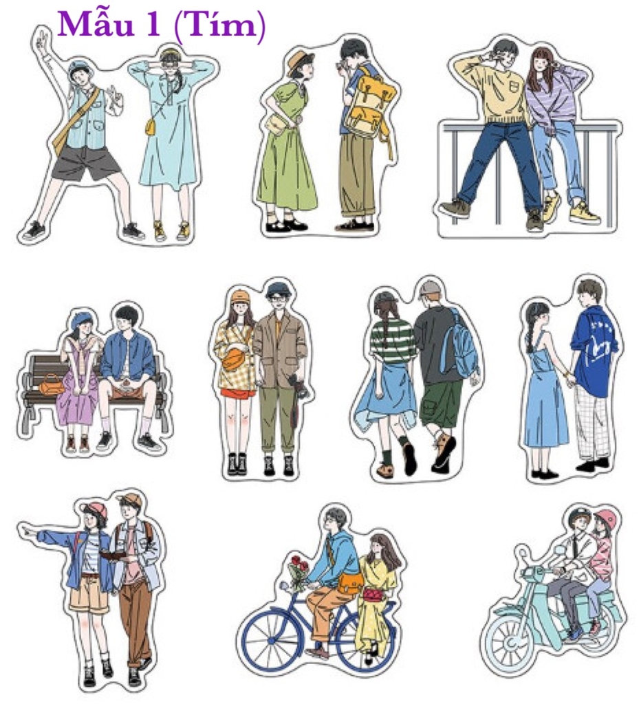 Sticker PET hoạt hình couple cute - (4cm x 9cm) - Set 20 hình dán