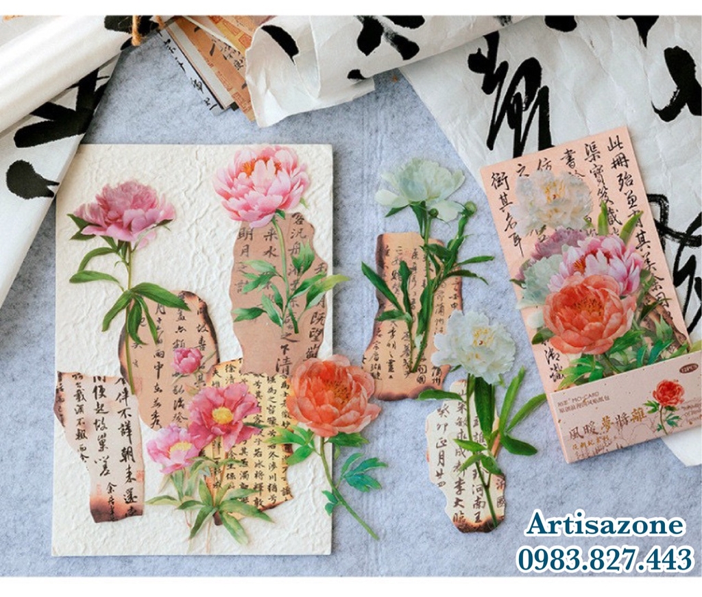 Sticker PET chủ đề hoa sen, hoa hồng, mẫu đơn - 06 sticker/túi