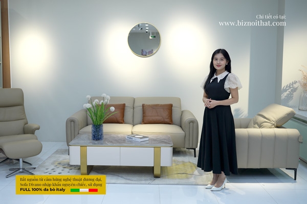 Bộ Sofa văng da bò nhập khẩu Full 100% da bò Divano S3208 dài 2,05m màu kem