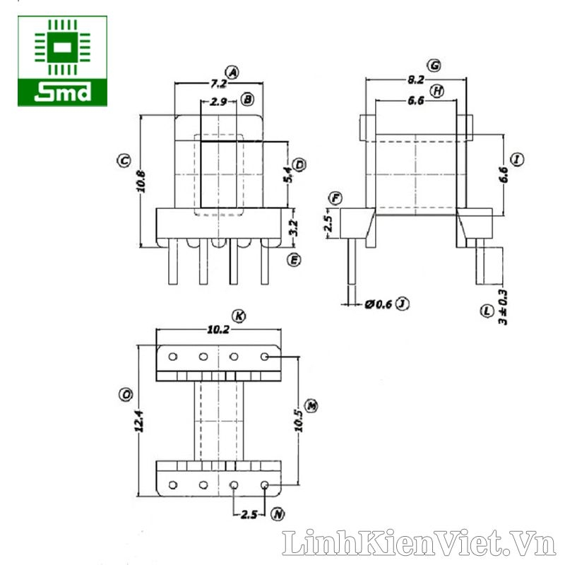 Biến áp xung EE10-YH 12V-200mA – Linh kiện điện tử SMD