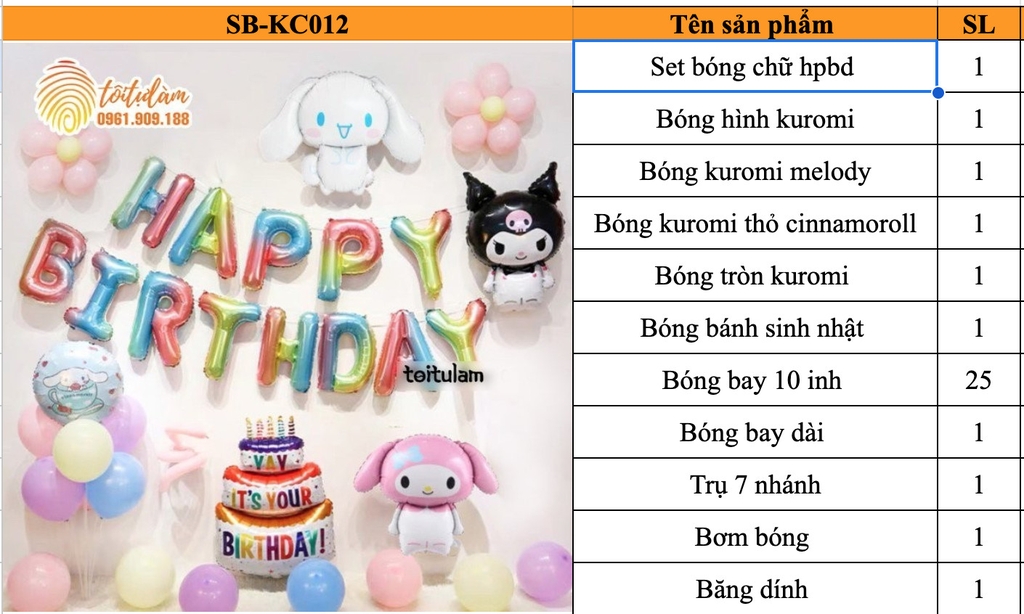 KUROMI - SET BÓNG SINH NHẬT CHO BÉ GÁI KÈM BÓNG CHỮ SB-KC012