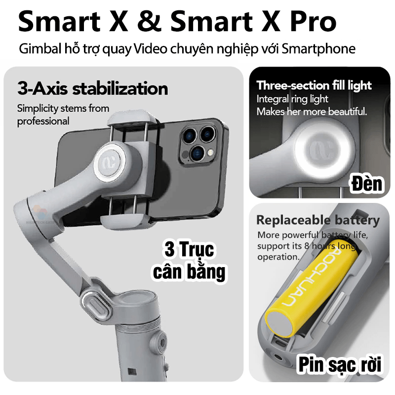 Tay cầm gimbal chống rung điện thoại Smart X | Smart X Pro có đèn GIA ...