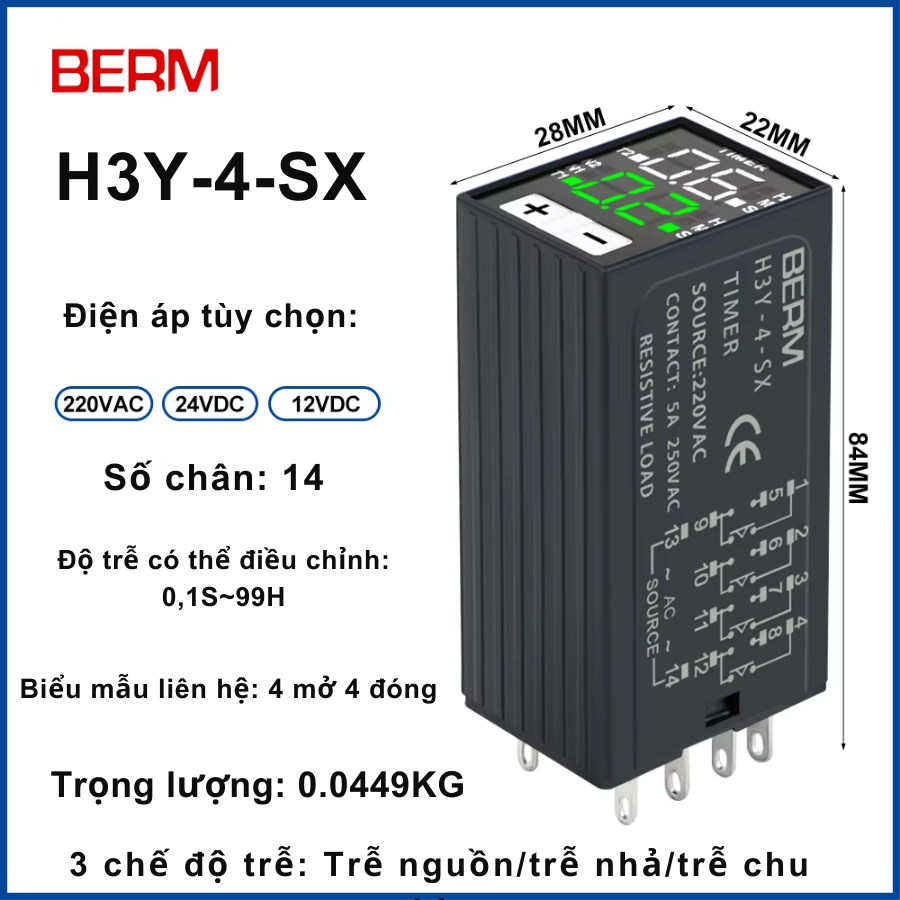 Relay Thời Gian BERM H3Y-4-SX 0.1s-99h | Linh Kiện Điện Tử 3M