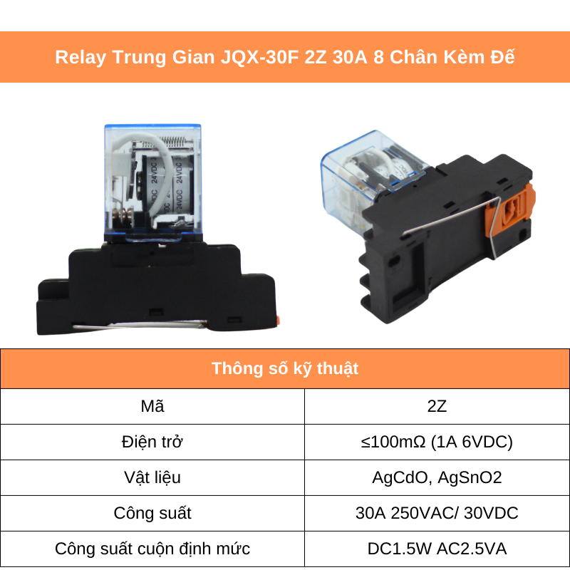 Relay trung gian JQX-30F 2Z 24VDC 30A 8 chân có kèm đế | Linh Kiện Điện Tử 3M