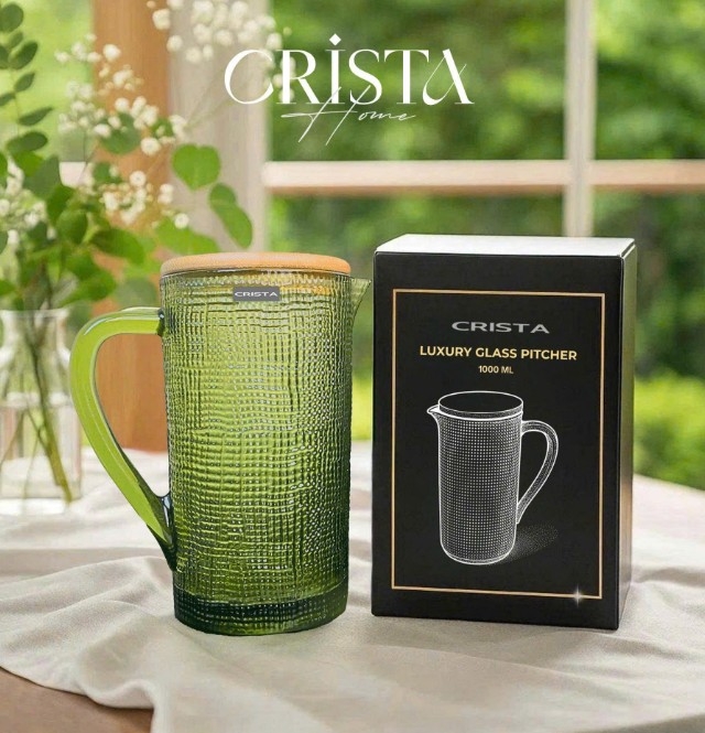 Bình thuỷ tinh Crista Home 1L hoạ tiết vân lưới màu xanh lá (60203-G ...