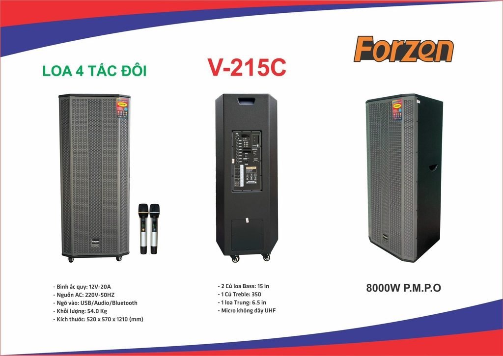 Loa kéo di động Forzen V-215C, 4 tấc đôi, 1000w | Vinakara.com
