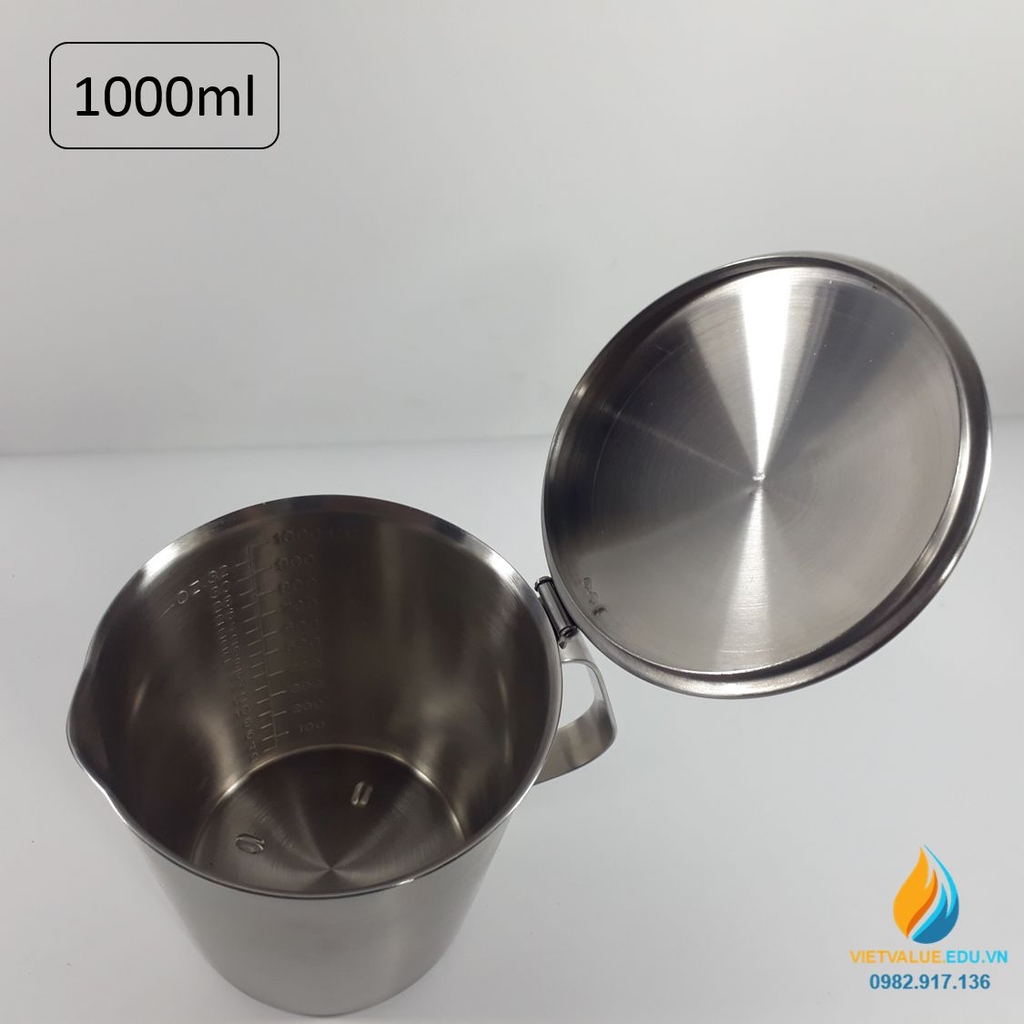 Ca Inox 304 có nắp, dung tích 1000ml, vạch chia, có quai, có cỏ rót ...