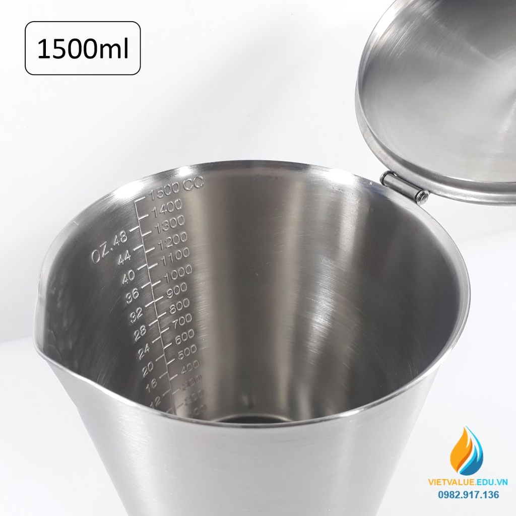 Ca Inox 304 có nắp, dung tích 1500ml, vạch chia, có quai, có cỏ rót ...