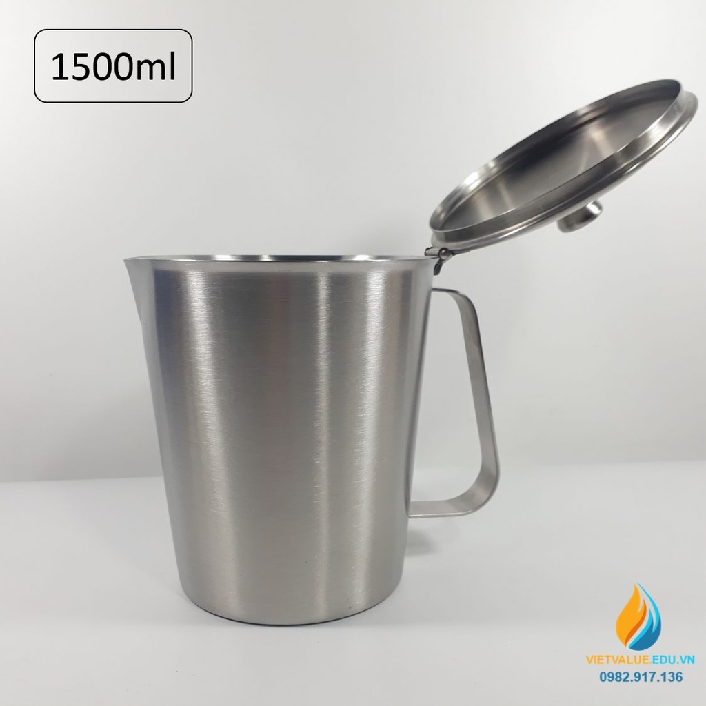 Ca Inox 304 có nắp, dung tích 1500ml, vạch chia, có quai, có cỏ rót ...