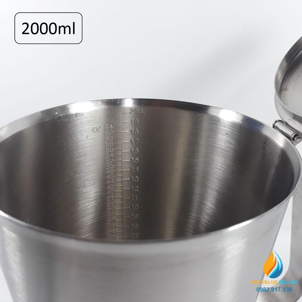 Ca Inox 304 có nắp, dung tích 2000ml, vạch chia, có quai, có cỏ rót ...