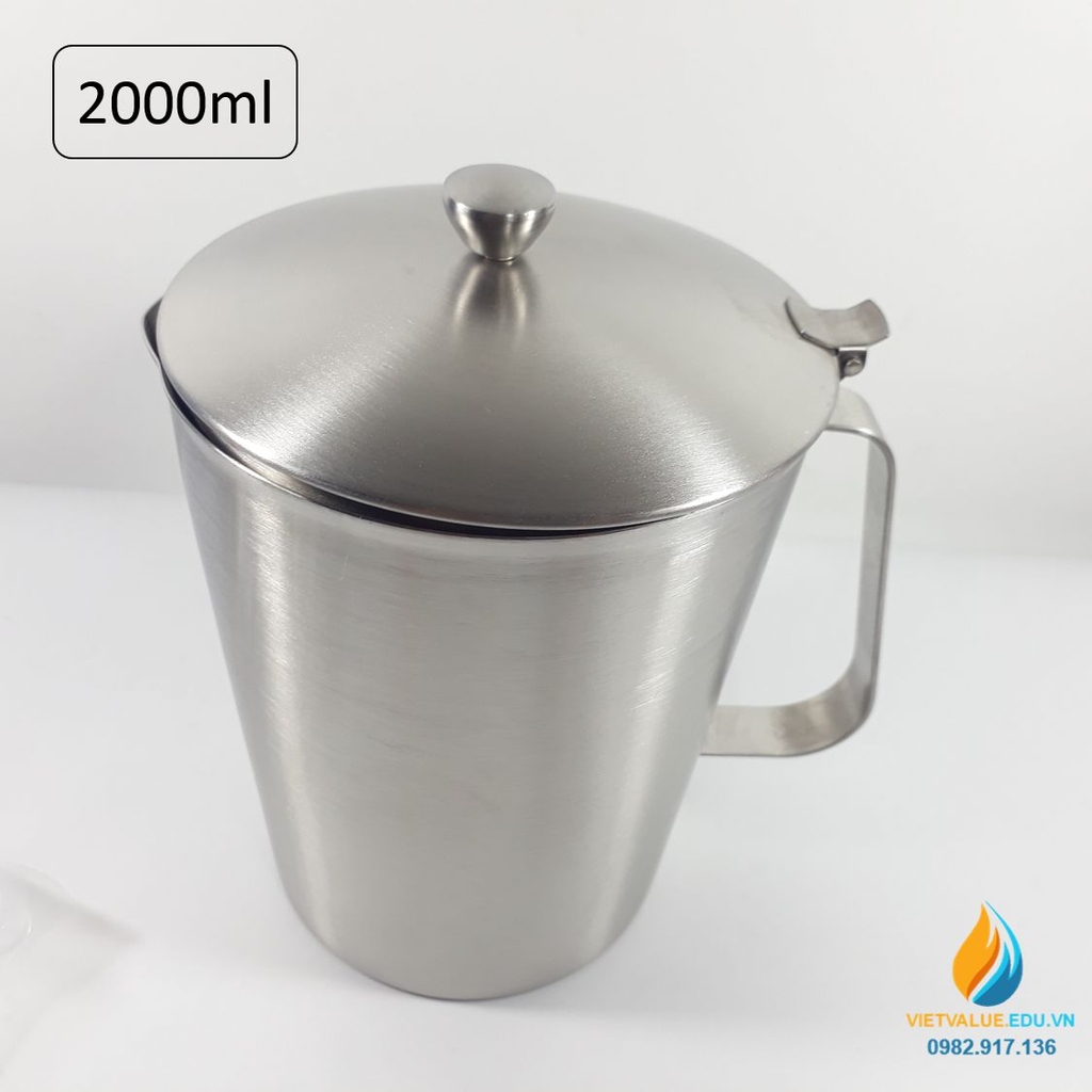 Ca Inox 304 có nắp, dung tích 2000ml, vạch chia, có quai, có cỏ rót ...