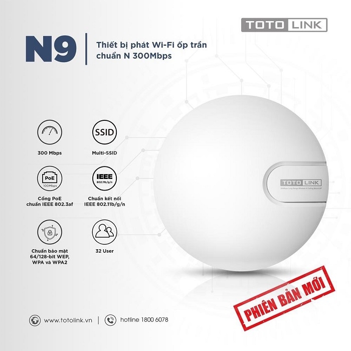 Bộ phát wifi ốp trần Totolink N9 - V2 Wireless N300Mbps | ducchinhpc