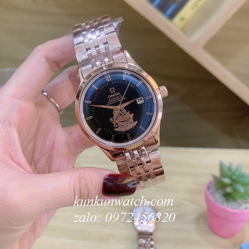 Đồng Hồ Nam Omega Automatic Thuyền Buồm Vàng Hồng Mặt Đen 40mm KUNKUN WATCH