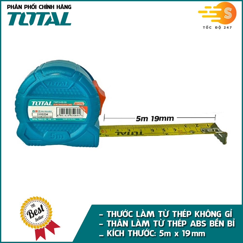 Thước cuộn thép nền vàng dài 3m-8m TOTAL - TMT34316, TMT34519, TMT34825 ...