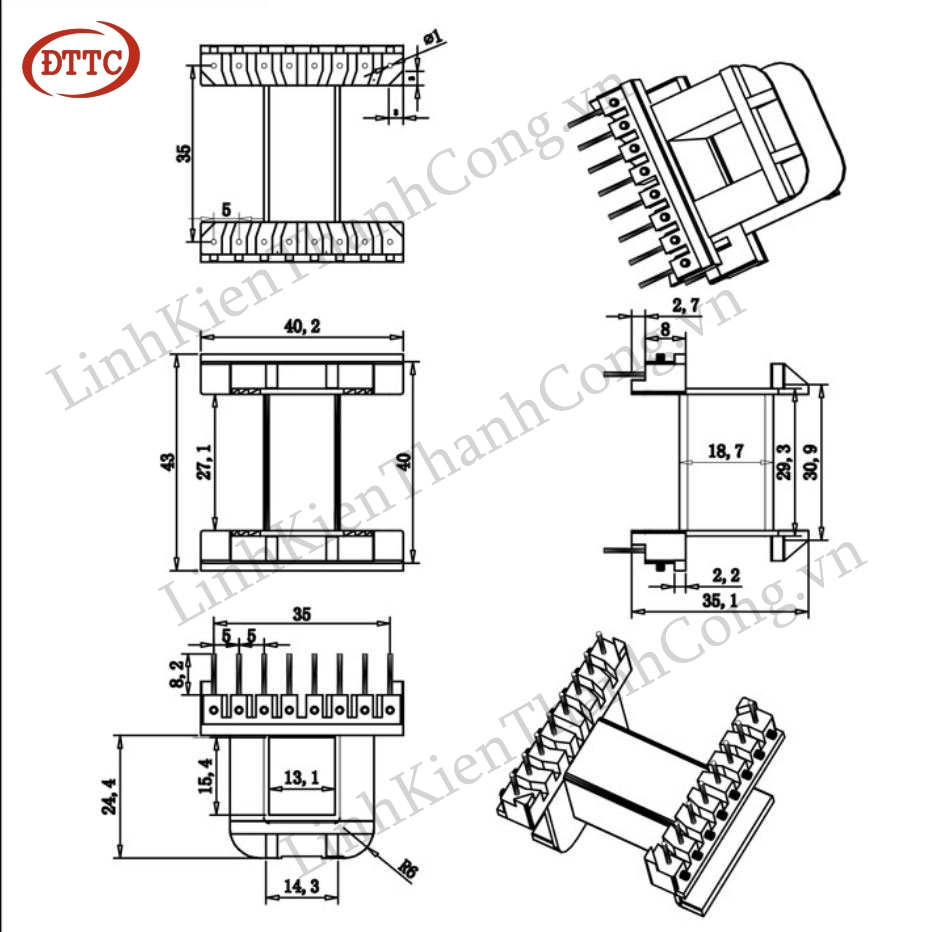 Biến Áp Xung EE4215 Nằm (8+8) Lõi Hở - Linh Kiện Thành Công