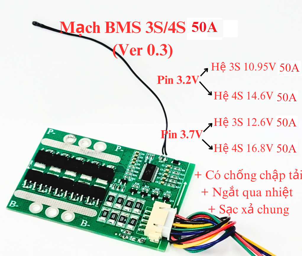 Mạch BMS 3S 4S 50A pin 3.2V (10 FET Ver 03) sạc xả quản lí cell pin, bảo vệ chống chập tải,ngắt ...