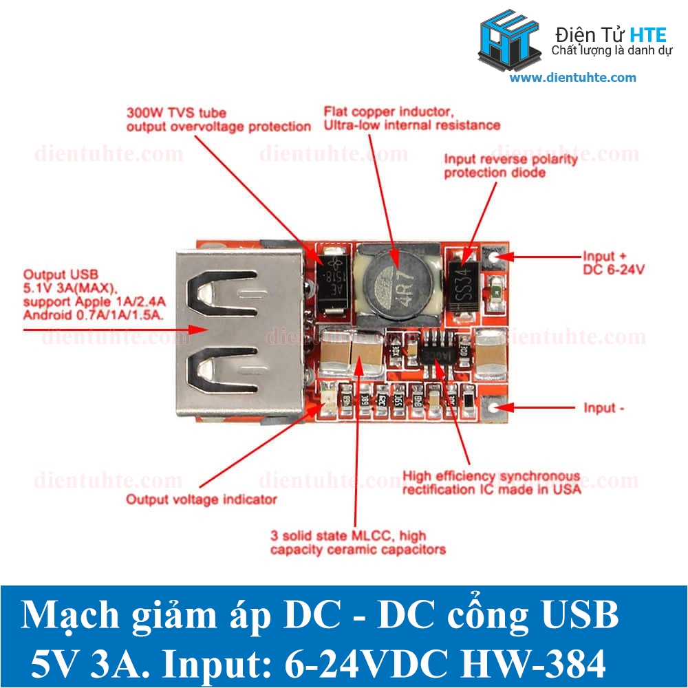 Mạch giảm áp DC-DC 5V 3A cổng USB - Mạch sạc điện thoại 5V 3A HW-384 ...