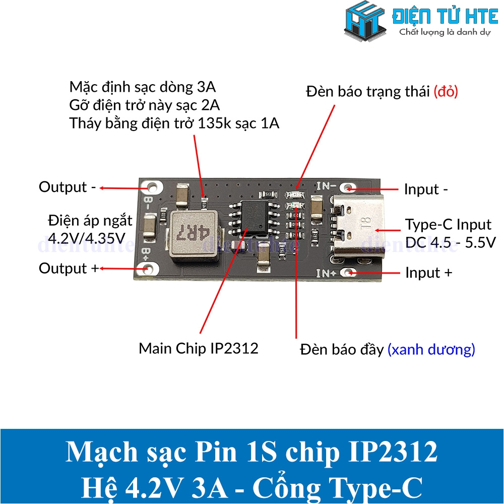 Module sạc Pin 1S Lithium dùng chip IP2312 3A cổng Type-C 5V | Điện Tử HTE