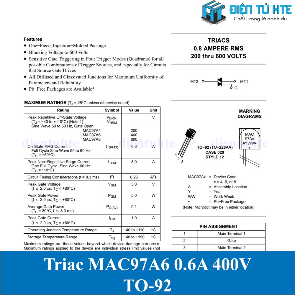 Triac 97A6 MAC97A6 0.6A 400V chân cắm TO-92 | Điện Tử HTE