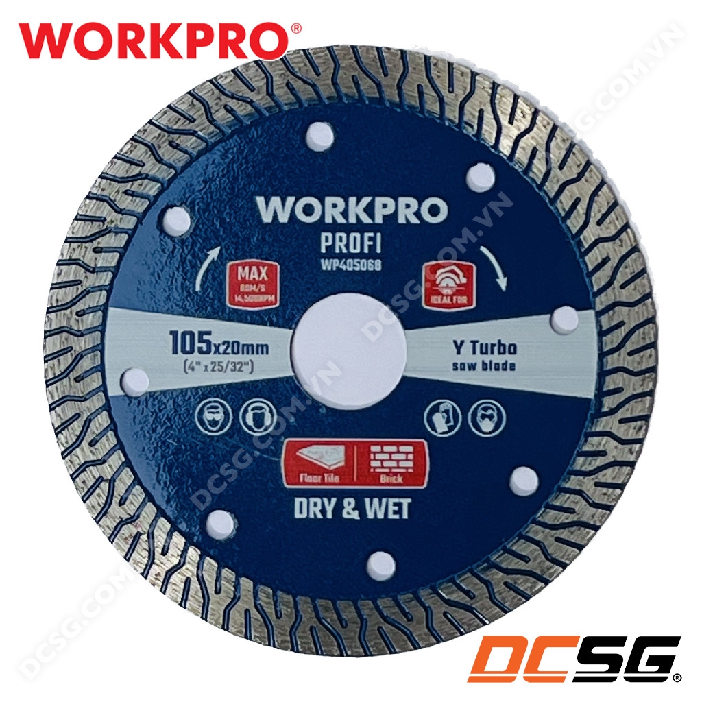 Lưỡi cưa đĩa cắt kim cương Turbo, răng chữ Y siêu mỏng 105x20x10mm Workpro WP405068