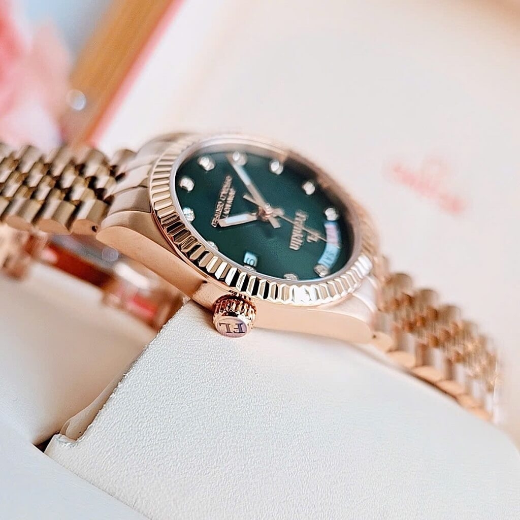 Đồng Hồ Nữ Franklin Dây Vỏ Inox Rose Gold Green 2 Lịch Size 32mm Chính ...