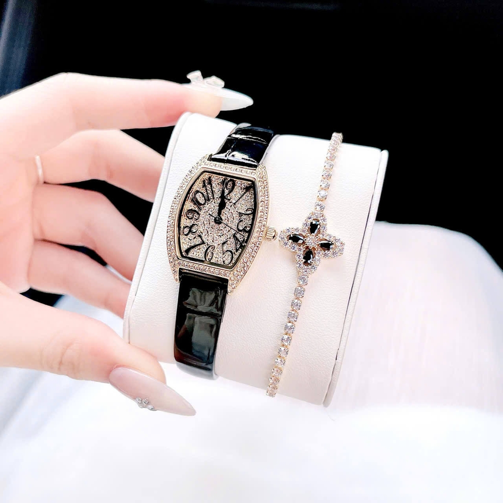 Đồng Hồ Nữ Kemil KM2406 Dây Da Đen Đính Đá Rose Gold 28mm Chính Hãng ...