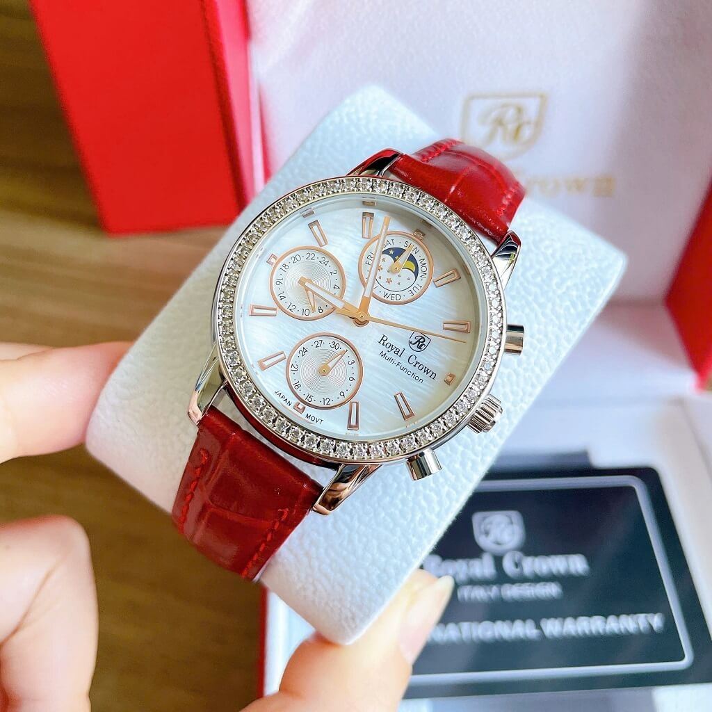 Đồng Hồ Nữ Royal Crown 6420 Dây Da Đỏ Vỏ Màu Silver Size 35mm Chính Hã ...