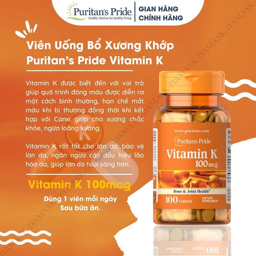 Viên uống đẹp da, hỗ trợ đông máu và chắc xương Vitamin K 100mg Puritan's Pride Mỹ Damask - Mỹ ...