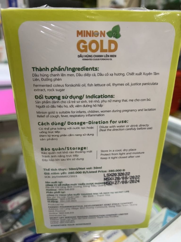 Dầu Húng Chanh Lên Men Minion Gold 30ml | nhathuocyentrang