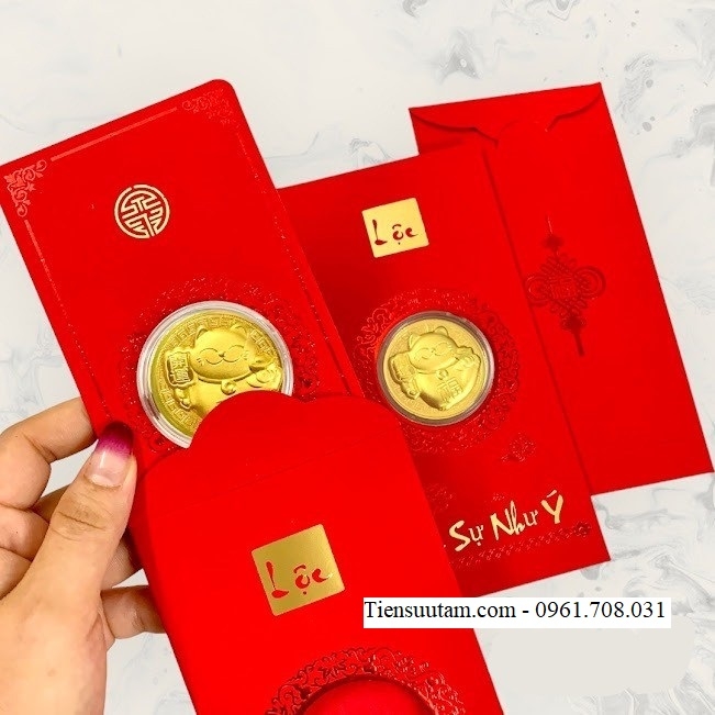 Bao Lì Xì Lộc Hình Mèo Thần Tài Mạ Vàng