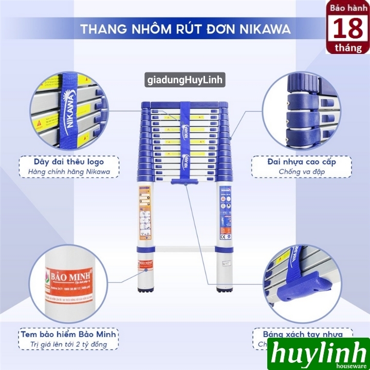 Thang nhôm rút đơn Nikawa NK-54 NEW - 5.4 mét [Mới 2024] - Tặng đệm cao su