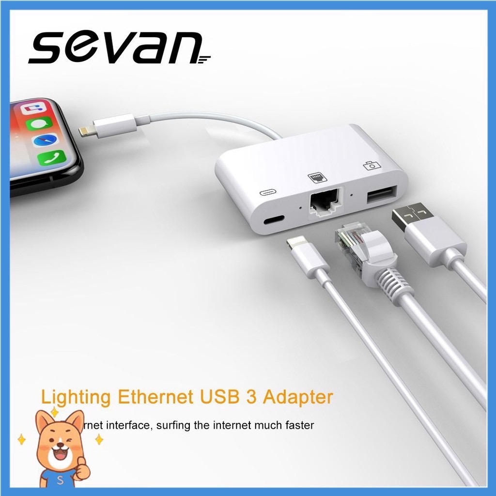 Hub OTG 3 trong 1 cổng Lightning + USB A + RJ45 Ethernet LAN dành cho ...