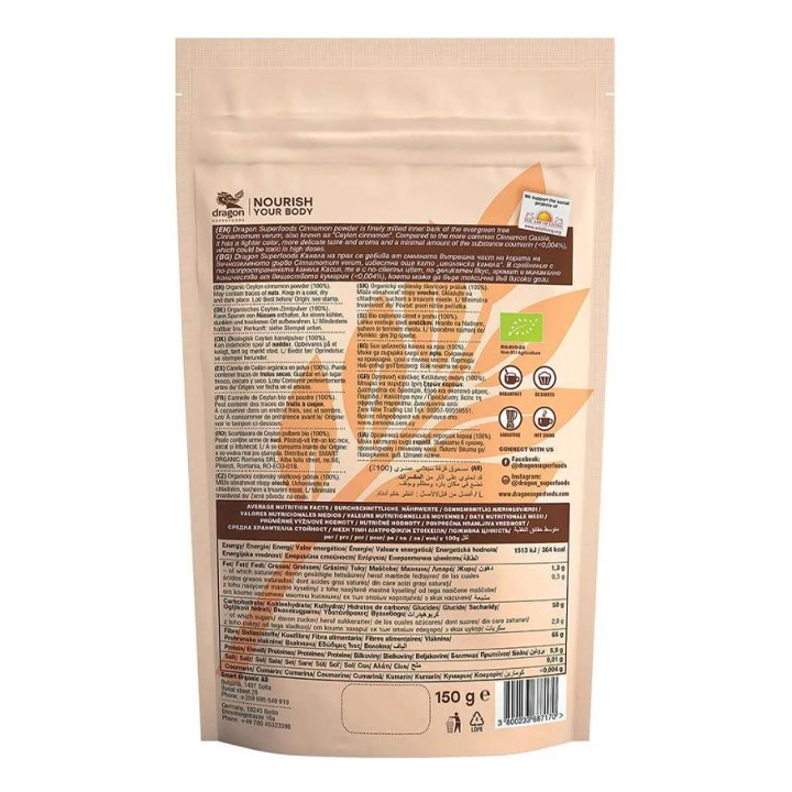 Bột quế hữu cơ Dragon Superfoods 150g Ceylon Cinnamon Powder - Organic360