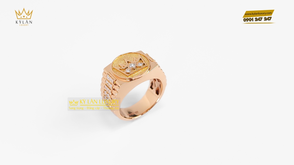 Nhẫn vàng nguyên khối đính kim logo KYLAN | Kỳ Lân Luxury