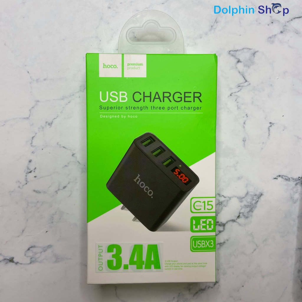 Cốc Sạc Nhanh 3 Cổng Hoco C15 3.4A Có Màn Hình LCD Hiển Thị Điện Áp Dolphin Shop