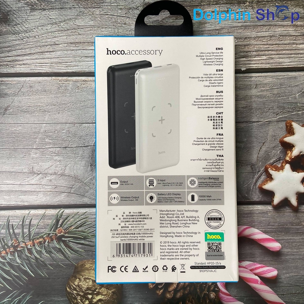 Sạc Dự Phòng Không Dây Hoco J50 10000mAh - Hàng Chính Hãng BH 1 Năm Dolphin Shop