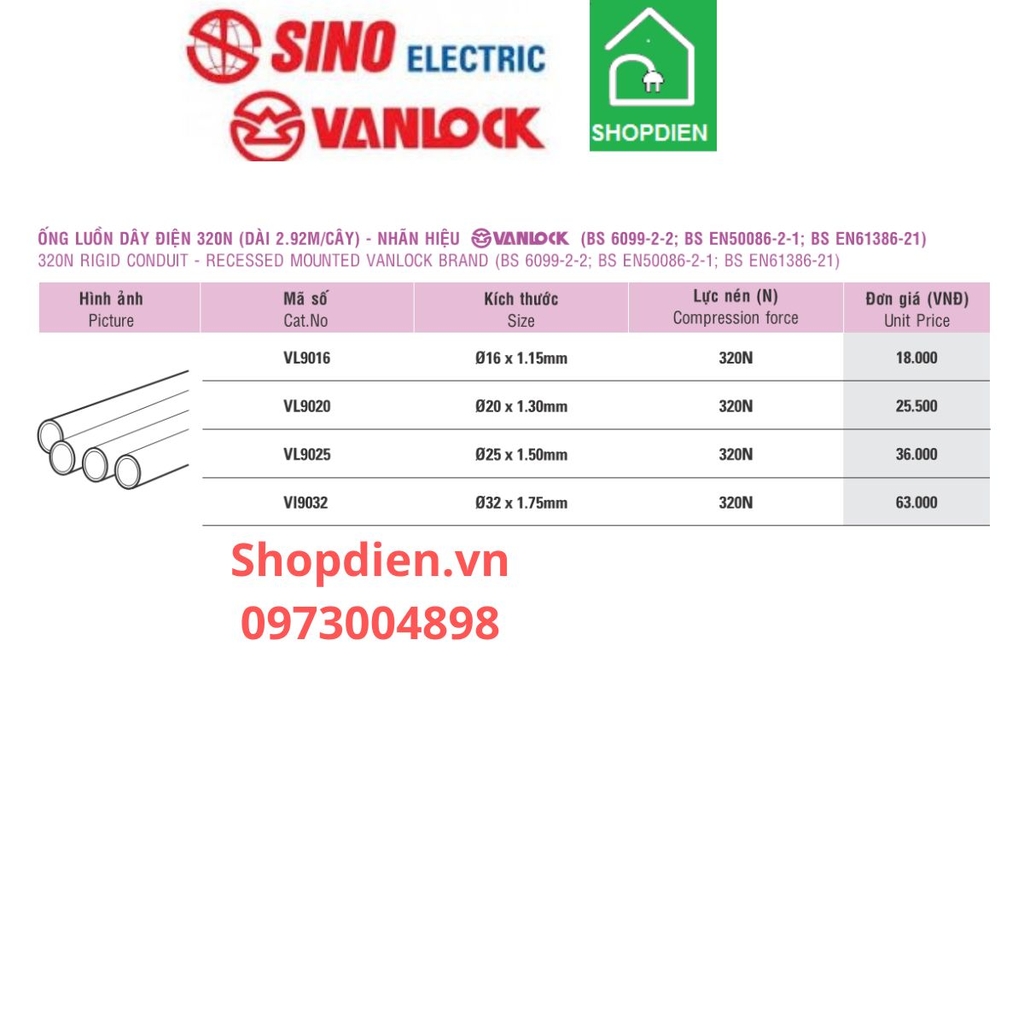 VL9020 SINO Vanlock Ống PVC D20 luồn dây điện 320N CÔNG TY TNHH THƯƠNG ...