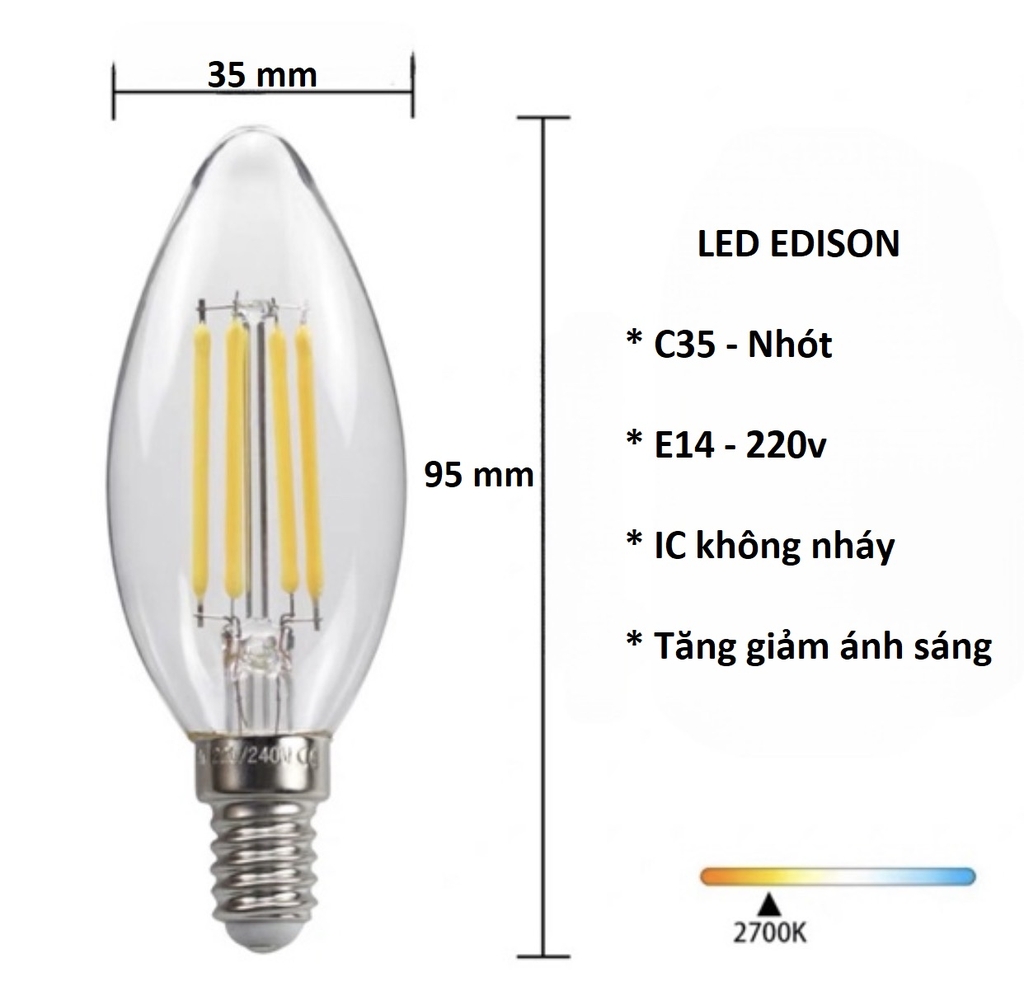 Bóng đèn Led Edison tăng giảm ánh sáng đui E14, Mã sản phẩm: C35 - 4w ...